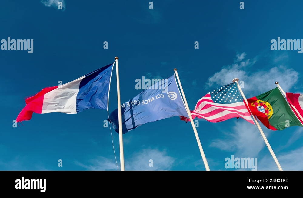 Flags of different countries are waving in the wind, flags of the ...