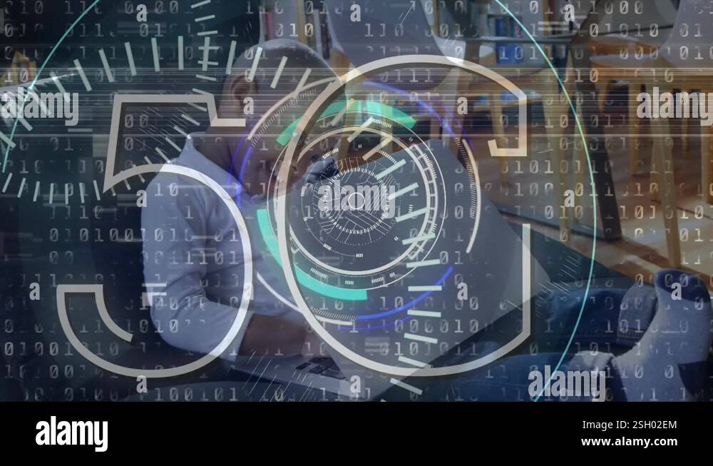 Animation of data processing and scope scanning with 5g text over african Stock Video Footage ...