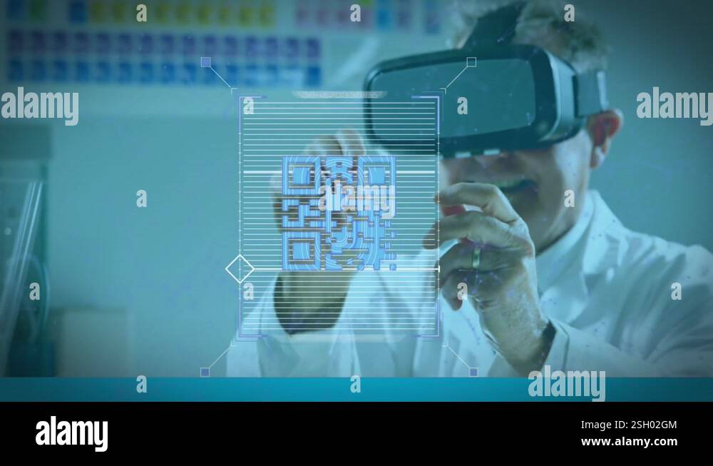 Animation of qr code with data processing over caucasian male scientist ...