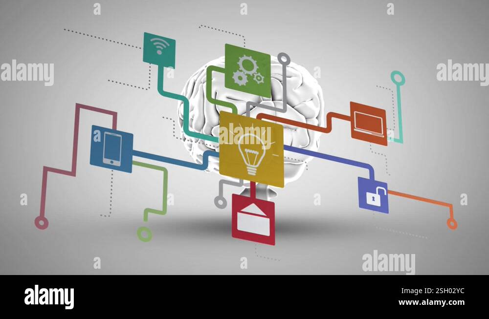 Animation of icons flowchart over rotating human digital brain against ...