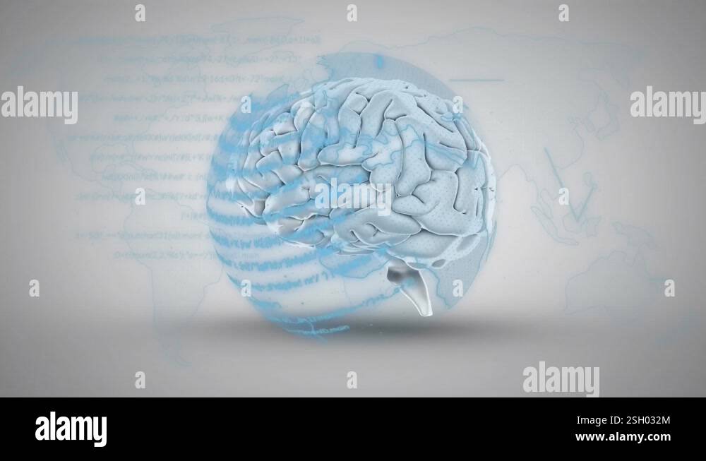 Animation of programming language on rotating globe over digital brain ...