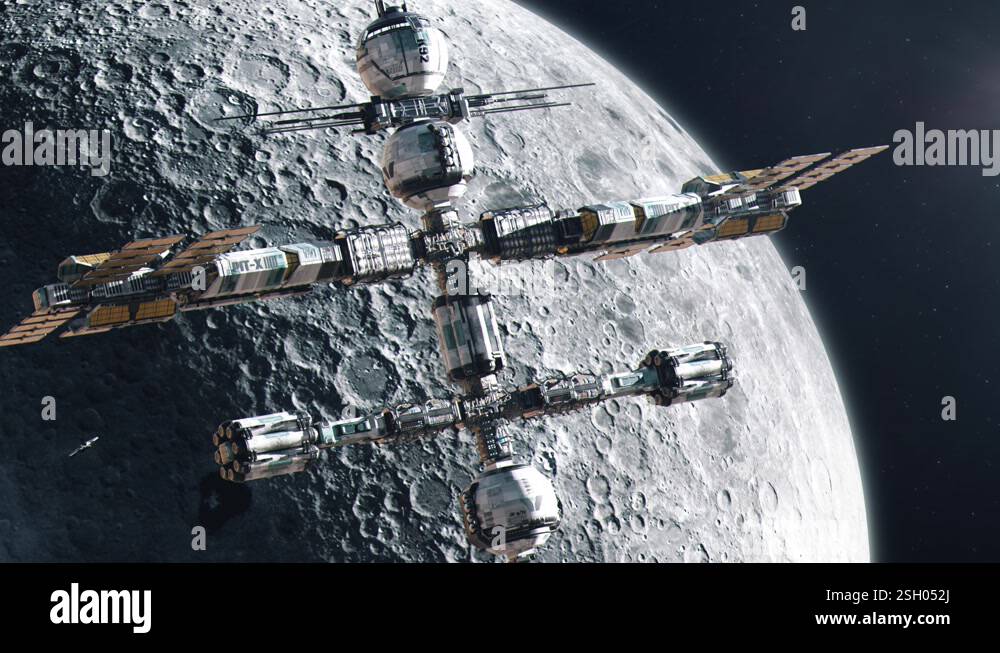 Establishing Shot of a Futuristic Space Station Orbiting The Moon Stock ...