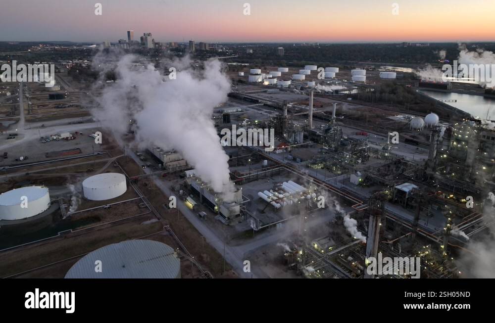 Oil refinery in Tulsa Oklahoma. Aerial view of fuel tanks and skyline ...