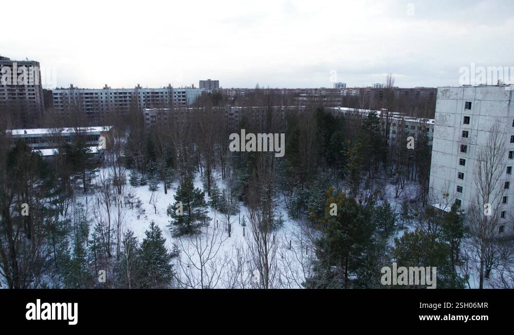 Abandoned residential block of Pripyat city near Chernobyl in winter ...