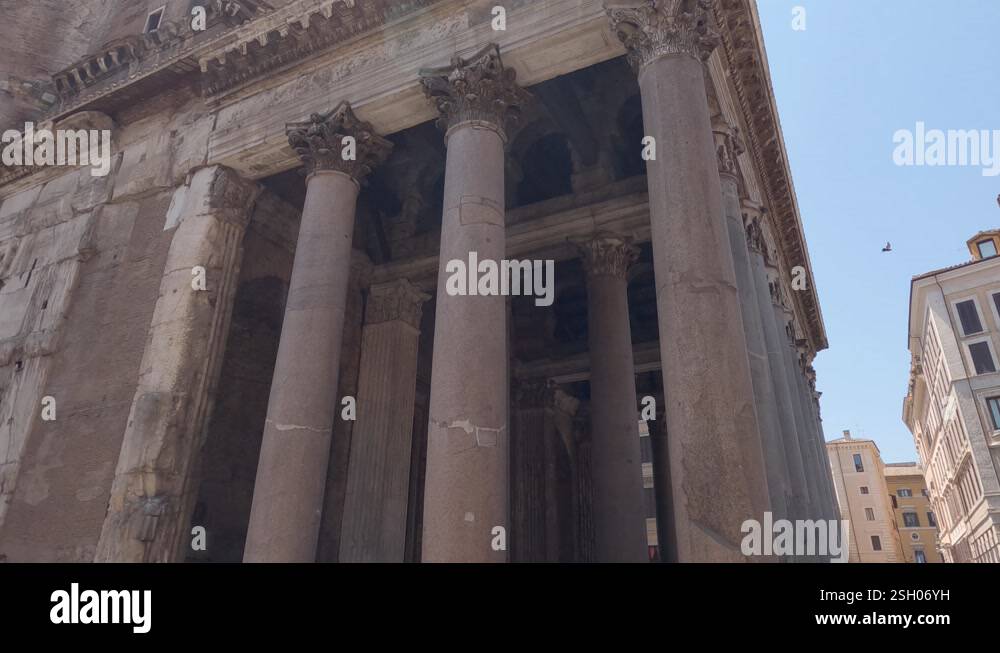 Looking Up From Corner Of The Pantheon In Rome With Pan Right, Tilt ...