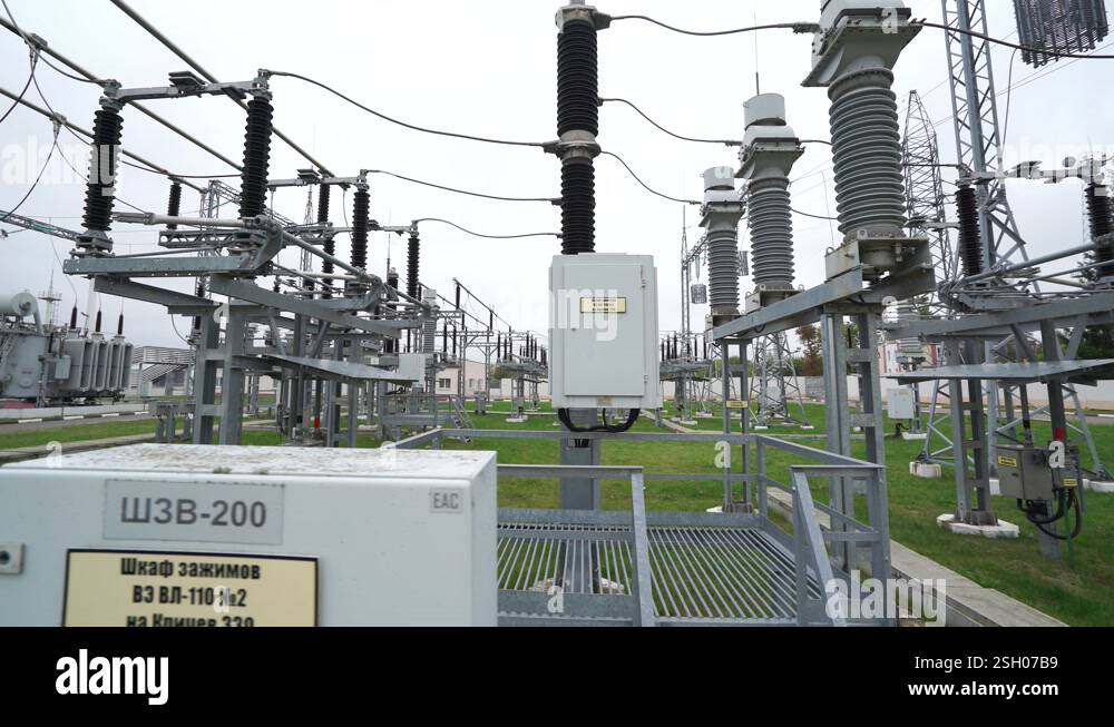 Power line industrial view, view of the transformers, the process of ...