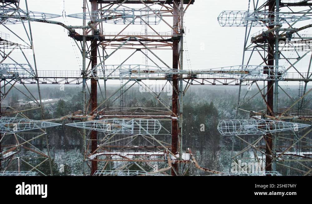 Duga radar station antenna grid above winter taiga, Chernobyl, Ukraine ...