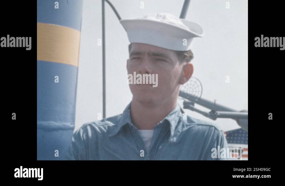 1950s: Naval sailor on ship in white hat. Colonial man in tricorn hat ...