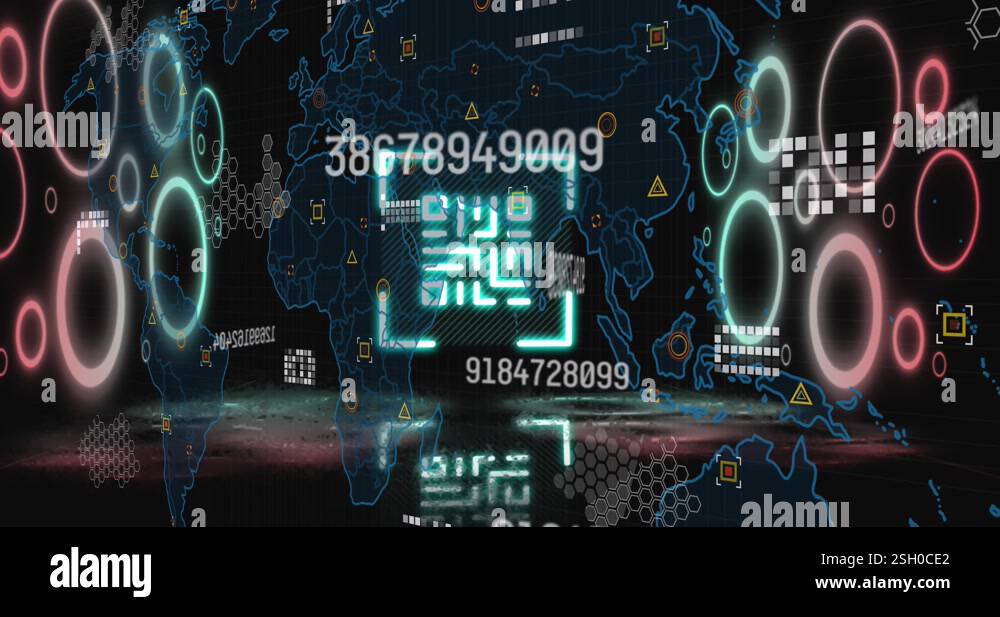 Animation of qr code and numbers processing over world map Stock Video Footage - Alamy
