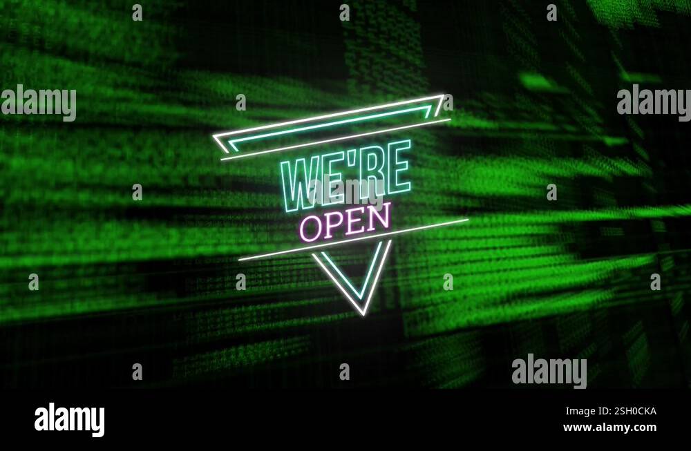 Animation of we're open neon text over data processing and grid Stock Video Footage - Alamy