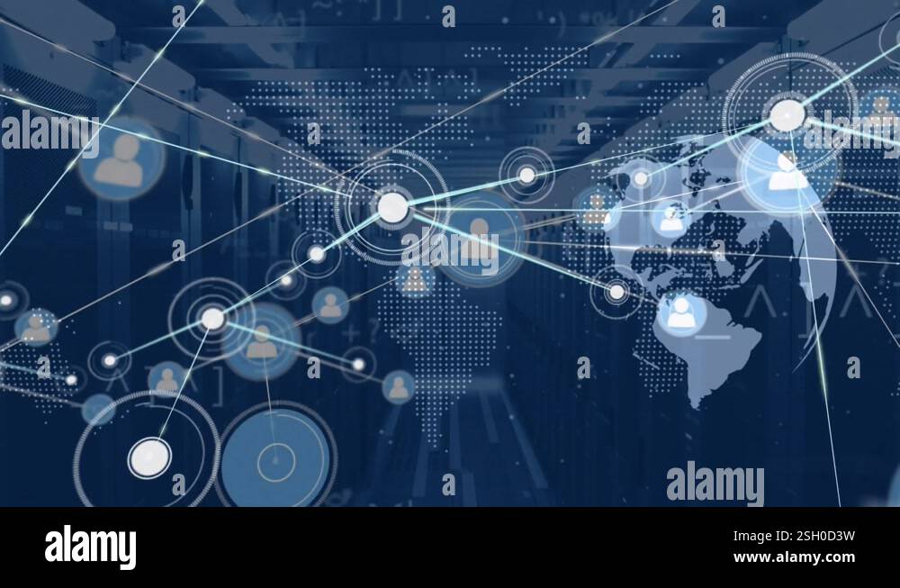 Animation of network of connections with icons and data processing over ...