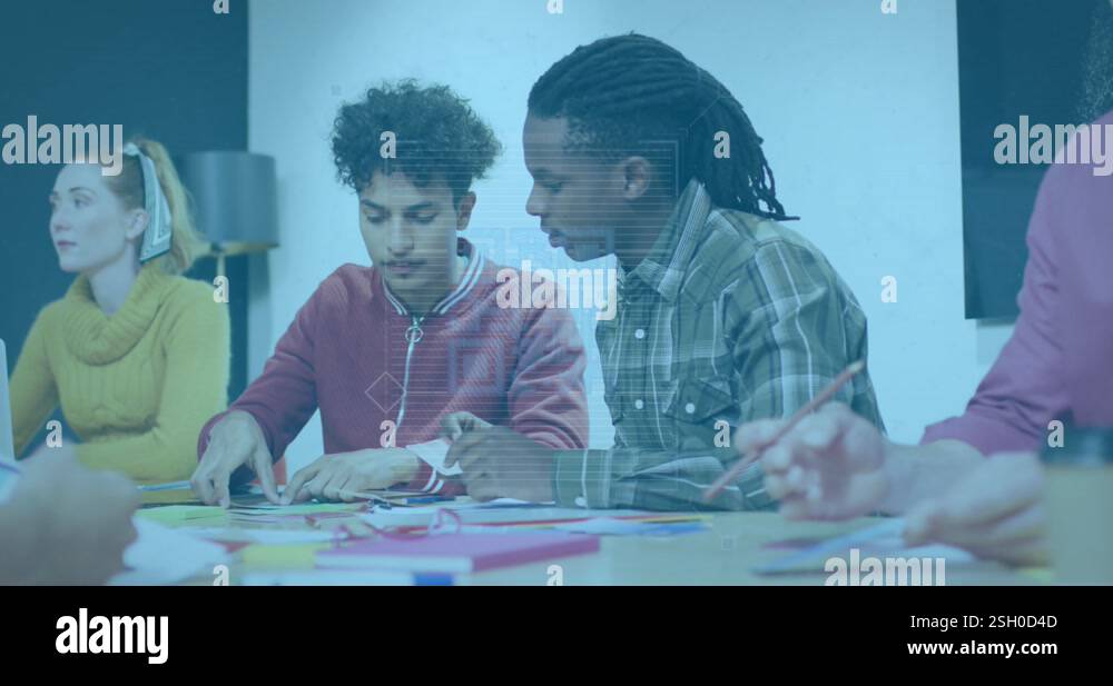 Animation of qr code over diverse business people having meeting at office Stock Video Footage ...