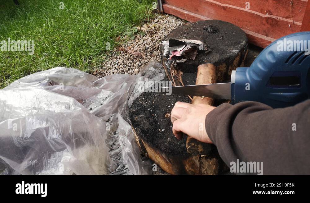 Stressed mans failure to cut log firewood with electric saw Stock Video ...