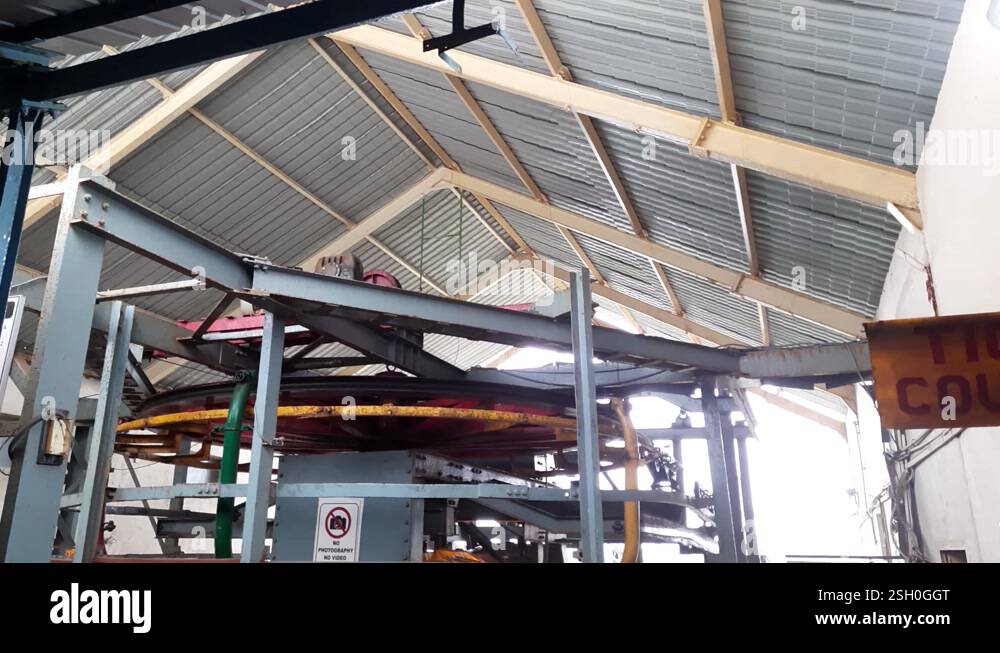 Rotating red flywheel on ropeway machine room Stock Video Footage - Alamy