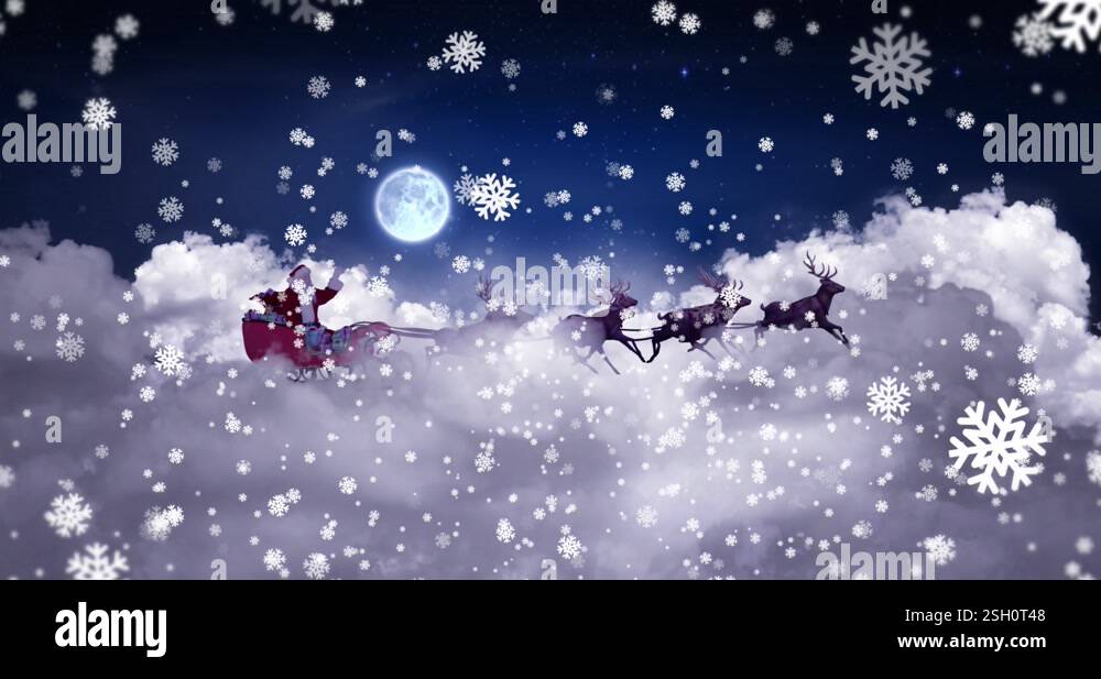 Animation of snow falling over christmas santa claus in sleigh with ...