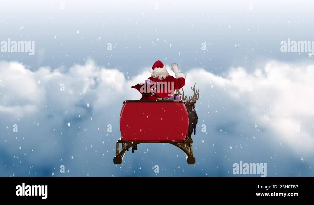 Animation of snow falling over christmas santa claus in sleigh with ...