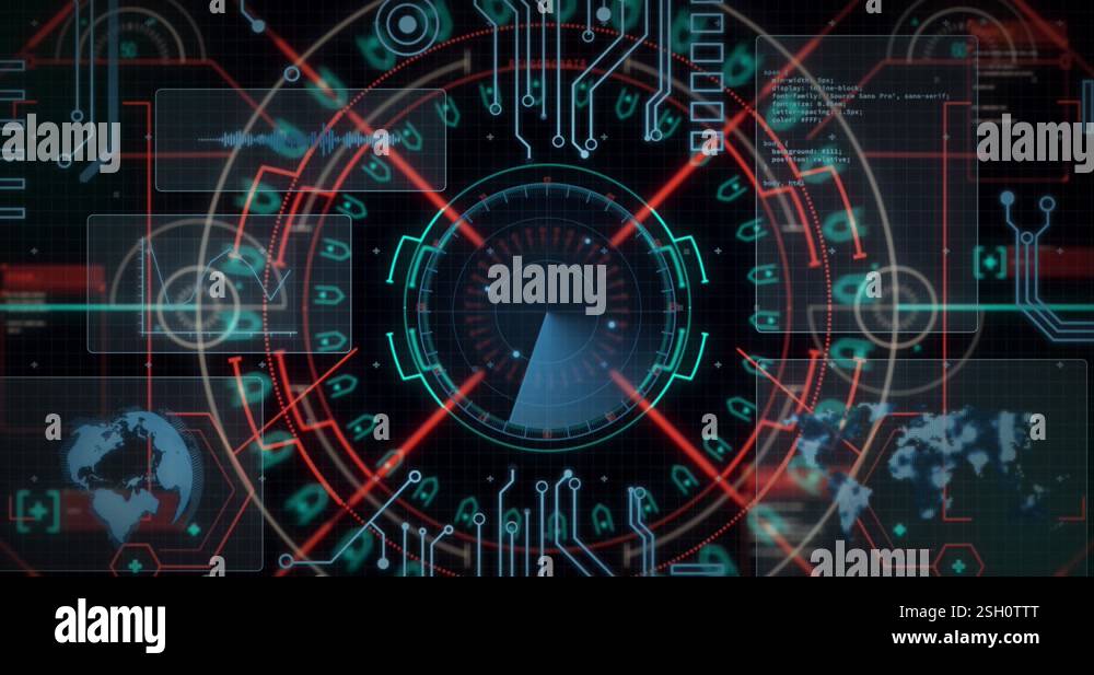 Animation of data processing with scope scanning on black background ...