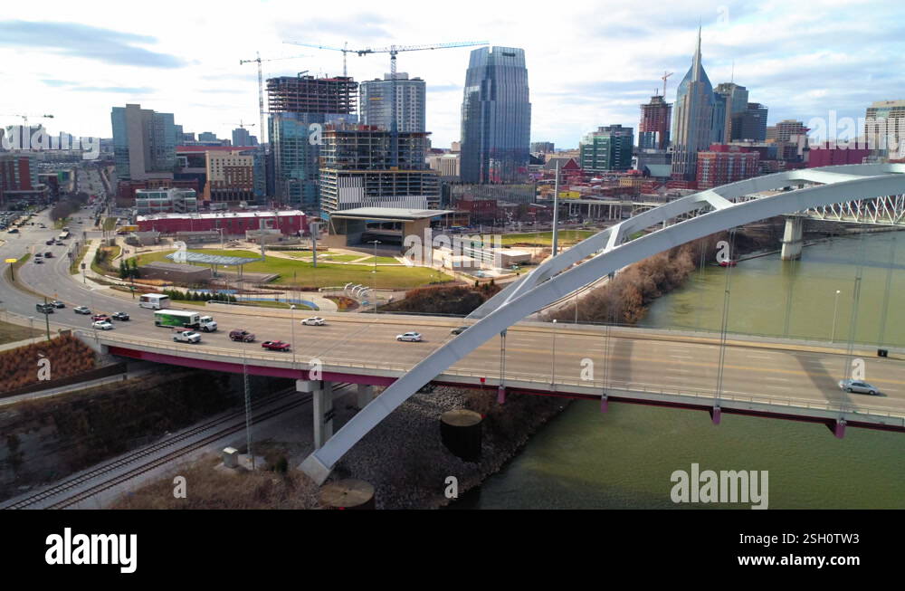 Aerial Panning Shot Of Famous Bridges Over River In Modern City Under ...