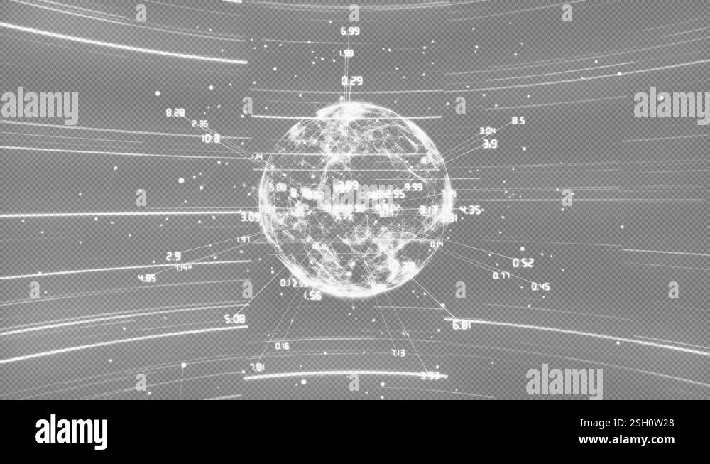 Animation of data processing with globe of connections and light trails on black Stock Video ...