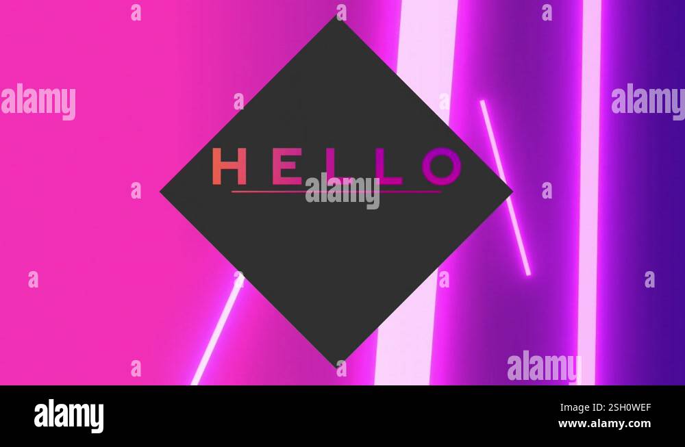 Animation of hello text over confetti and shapes on purple background ...