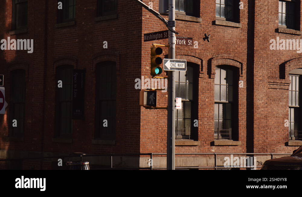 Traffic light of Washington and York street intersection, handheld view ...