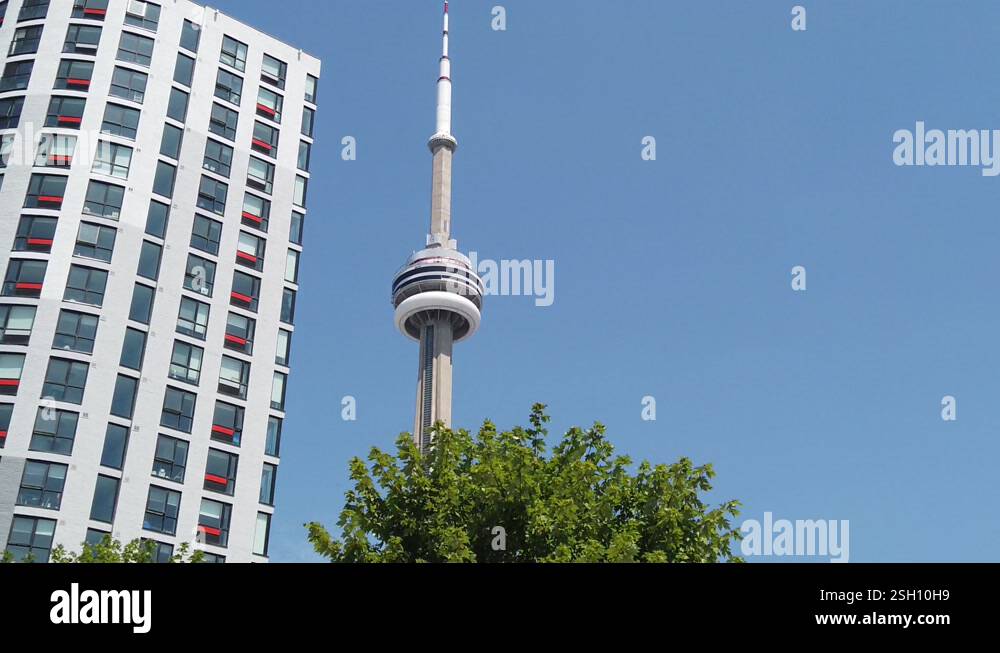 Toronto, Canada CN tower in the summer with building and trees in Stock ...