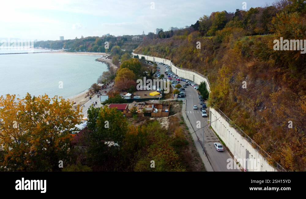 Aerial drone view of road parallel to the sea. Aerial view on sunny day ...