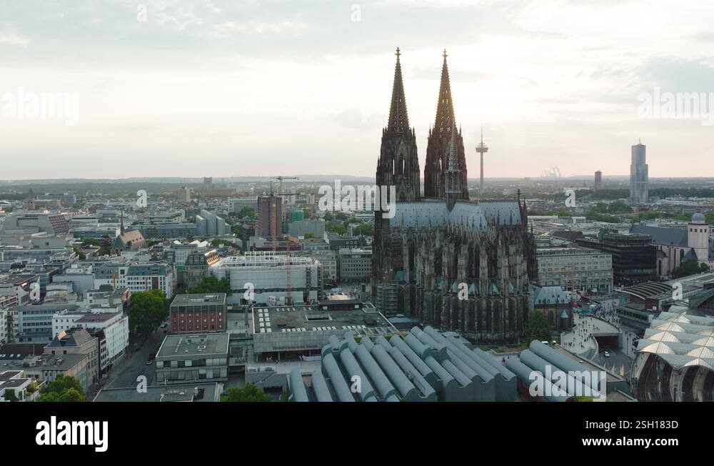 Drone moves epic towards the Cologne Cathedral, it comes very close to ...