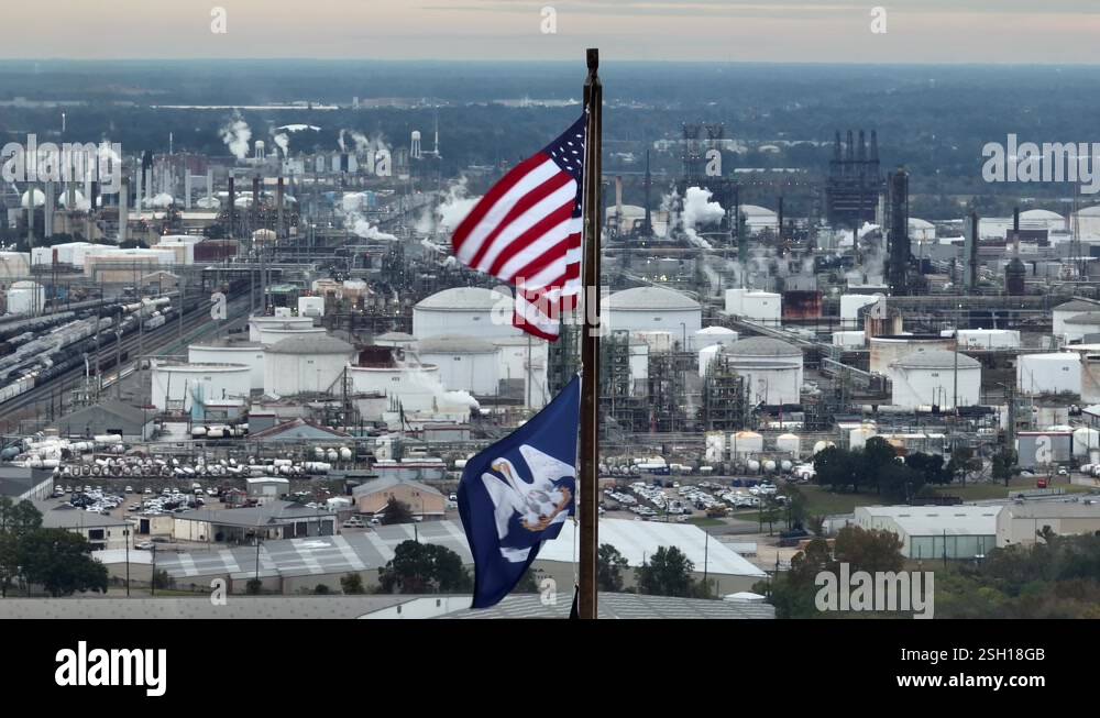 USA and Louisiana state flag with oil and gas processing refinery Stock ...
