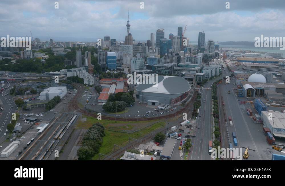 Aerial: Quay St and Auckland city skyline, New Zealand Stock Video ...