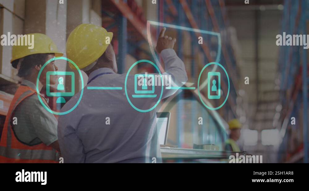 Animation of icons and data processing over diverse people working in ...
