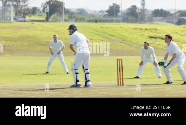 Two teams of male cricket players playing cricket, bowler catching and ...
