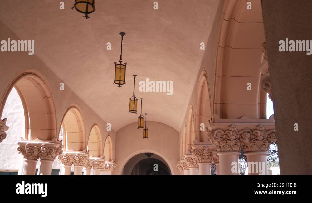 Spanish colonial revival architecture, arches and columns, San Diego ...