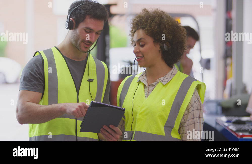 Male And Female Workers Wearing Headsets In Logistics Distribution ...
