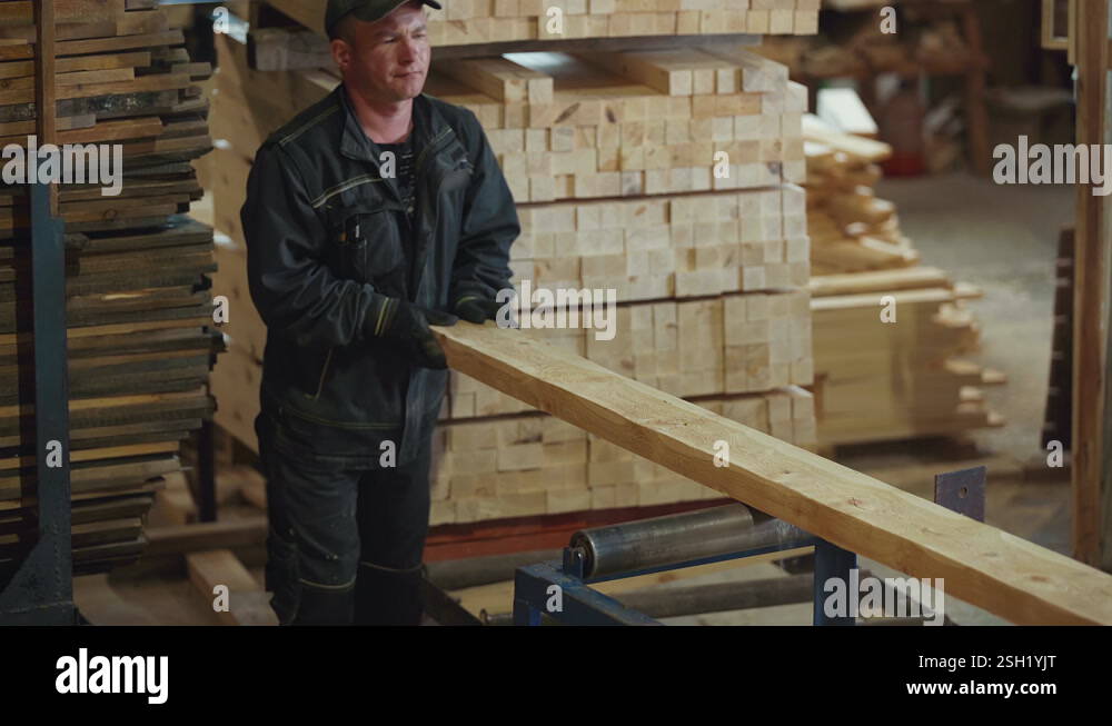 Carpentry Workshop Worker Flips Lumber Board To Remove Sawdust After ...