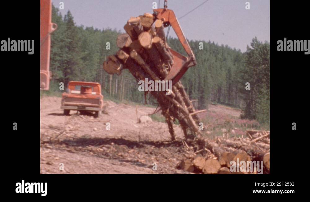 Canada 1970s: Crane takes logs from a pile and loads them into a ...