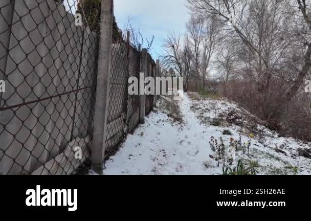 Walk in winter nature. It's snowing. Slow motion video. Snowy path ...