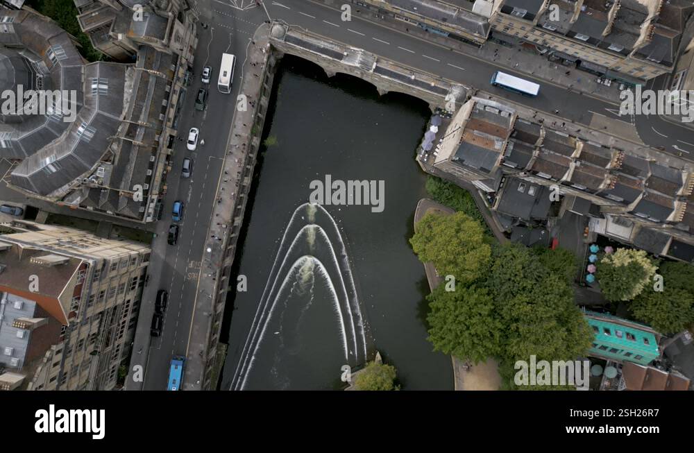 Top-down shot from a drone over the River Avon in the city of Bath, UK ...