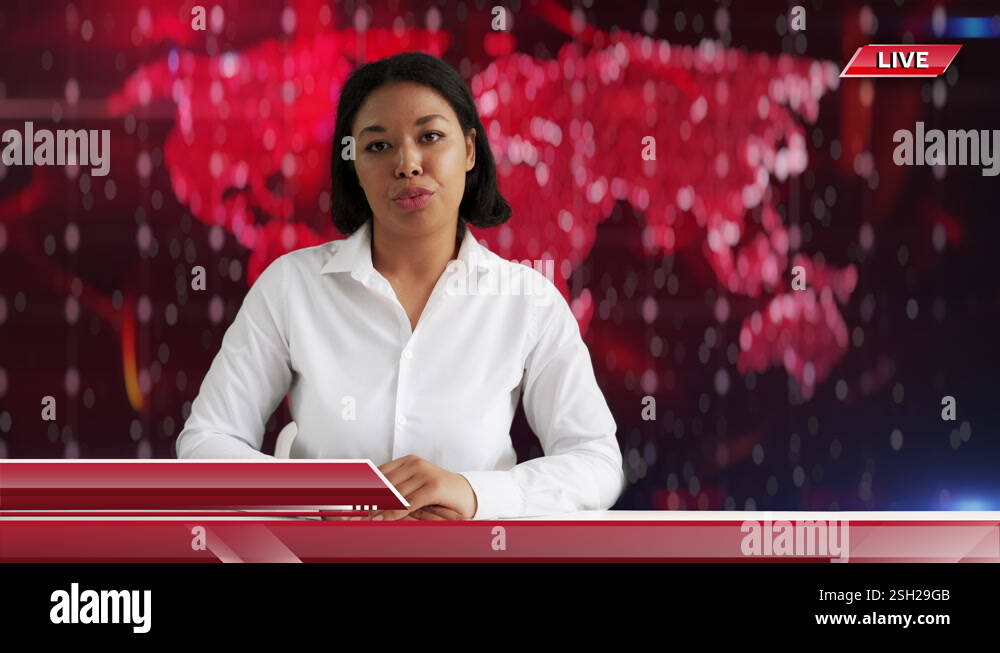 Female news anchor talking to audience on blank background, live news ...