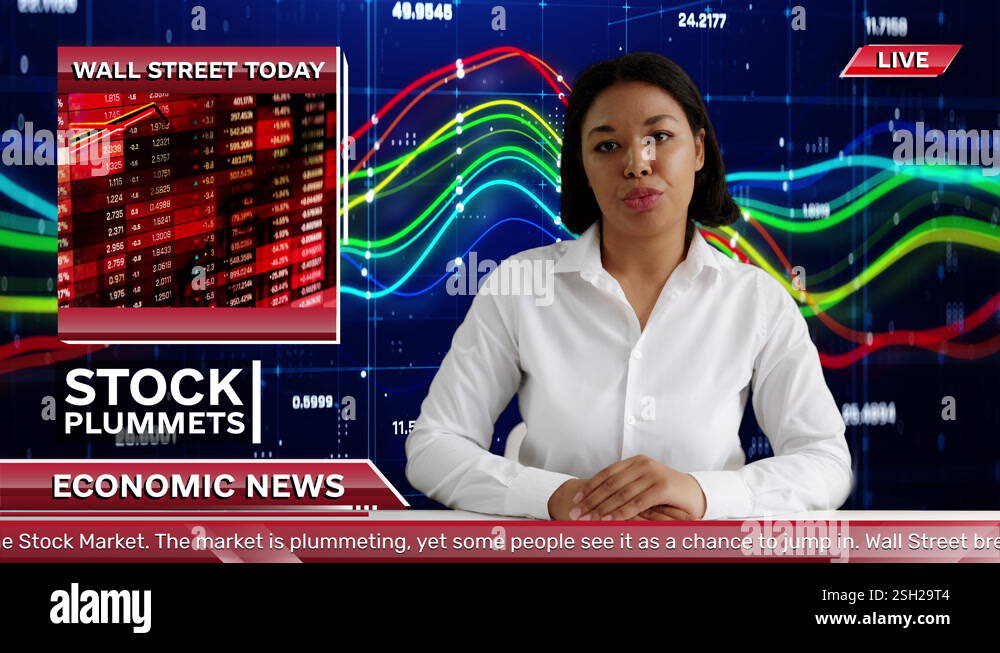 Generic economic news background, TV anchor giving live update on stock ...