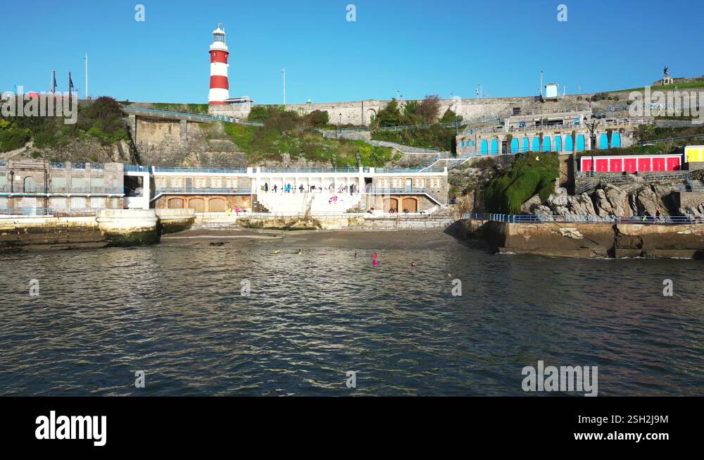 Aerial view of Plymouth Hoe seafront terrace, wild swimming from the ...