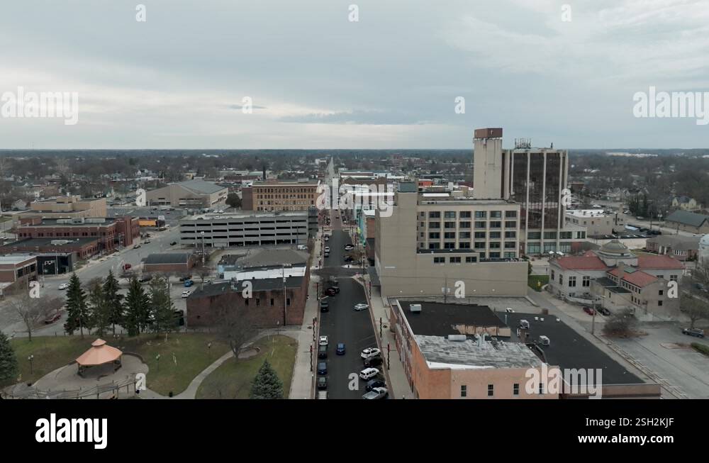 Anderson, Indiana downtown skyline with drone moving forward along ...