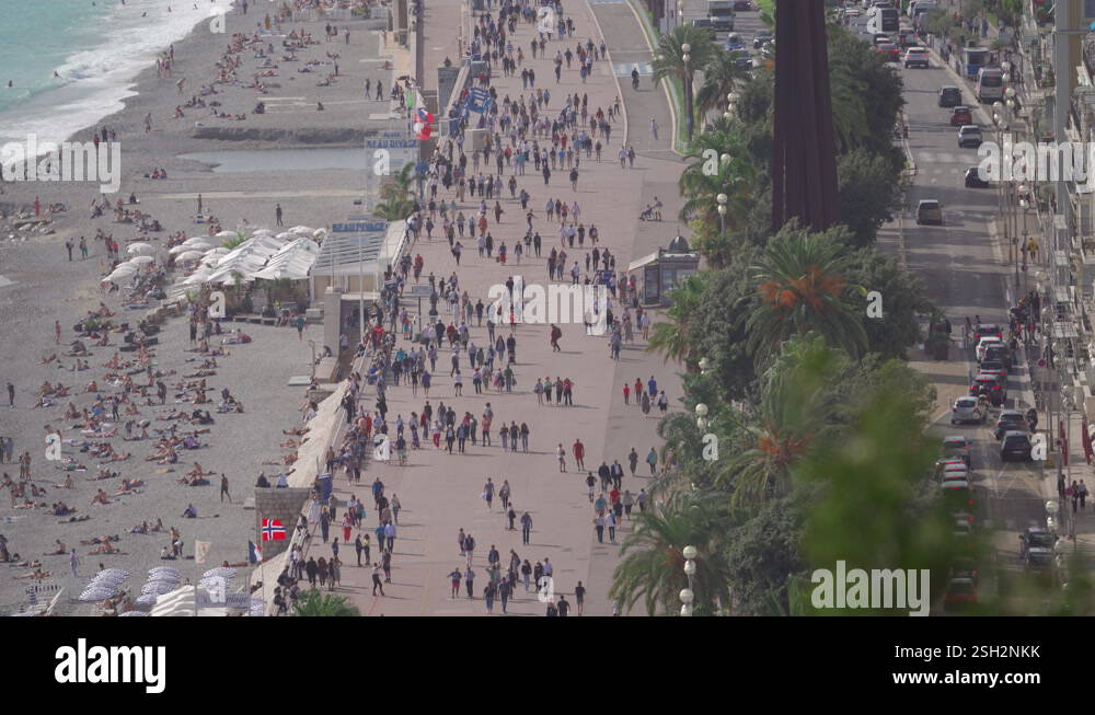 France, Nice, Top view of the famous English promenade with beach on ...