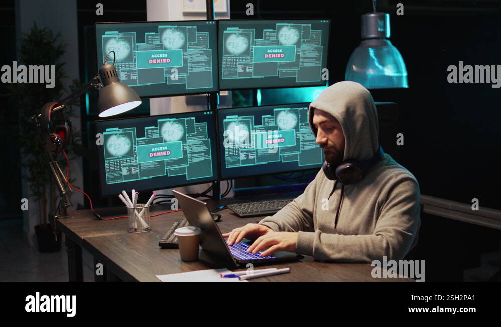 Male hacker thief breaking through cyber security server Stock Video ...