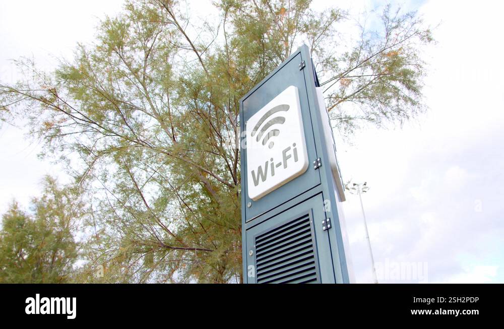 Close up Wi-Fi sign in public place for use on pole. Wi-Fi inscription ...