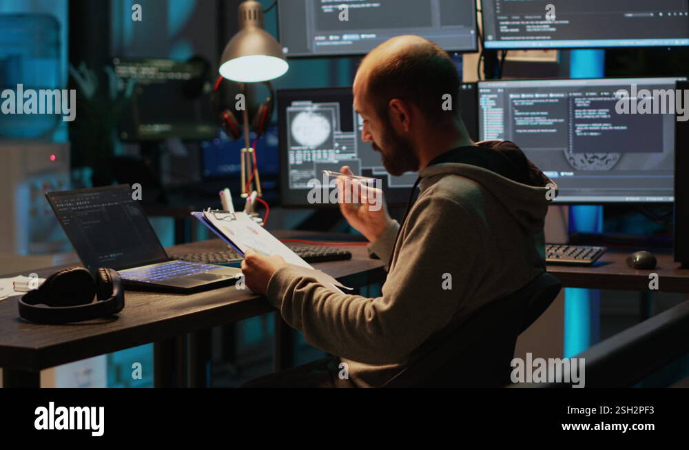 Software developer analyzing web data on clipboard papers and screens ...