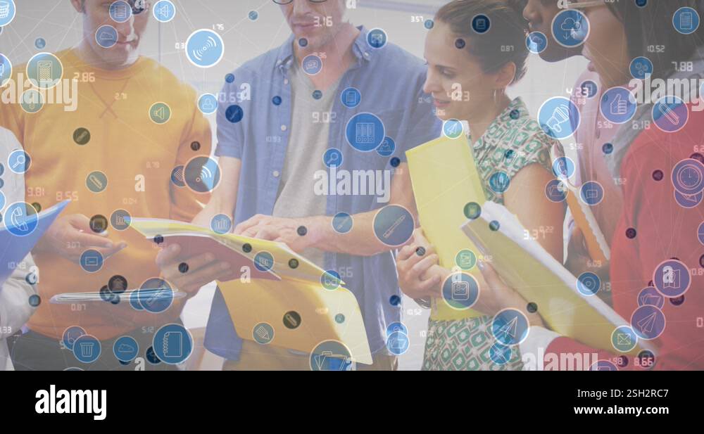 Animation of icons and numbers over diverse man explaining reports to ...