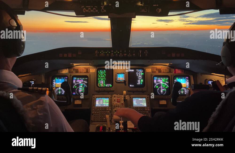 Plane cockpit view, medium size jet during a real approach to Ibiza’s ...