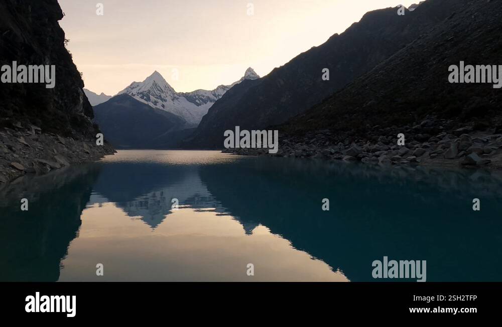 panoramic of Lake Paron, Pyramid Mountain reflection on still water ...
