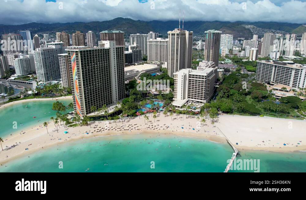 Waikiki beach skyline - aerial view of Hilton Hawaiian Village Resort ...